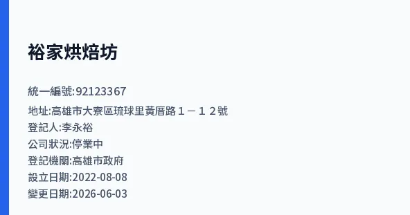 裕家烘焙坊的照片-統編 92123367(高雄市) 公司登記資料與營業項目詳細圖表