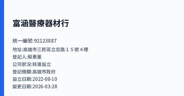 富涵醫療器材行的照片-統編 92123887(高雄市) 公司登記資料與營業項目詳細圖表