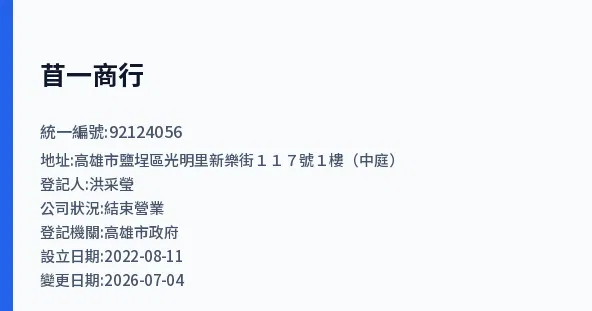 苜一商行的照片-統編 92124056(高雄市) 公司登記資料與營業項目詳細圖表