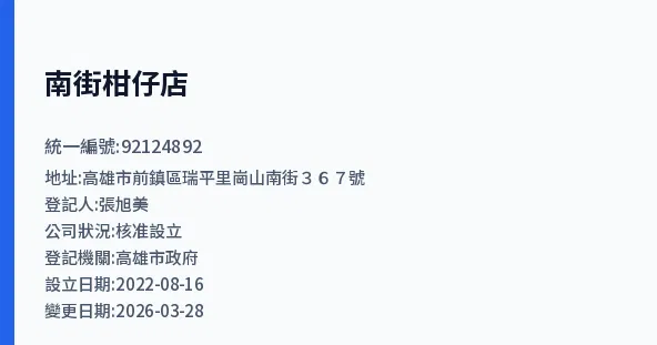 南街柑仔店的照片-統編 92124892(高雄市) 公司登記資料與營業項目詳細圖表