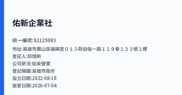 佑新企業社的照片-統編 92125983(高雄市) 公司登記資料與營業項目詳細圖表