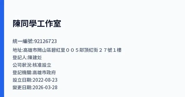 陳同學工作室的照片-統編 92126723(高雄市) 公司登記資料與營業項目詳細圖表