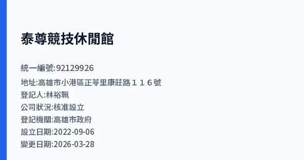 泰尊競技休閒館的照片-統編 92129926(高雄市) 公司登記資料與營業項目詳細圖表