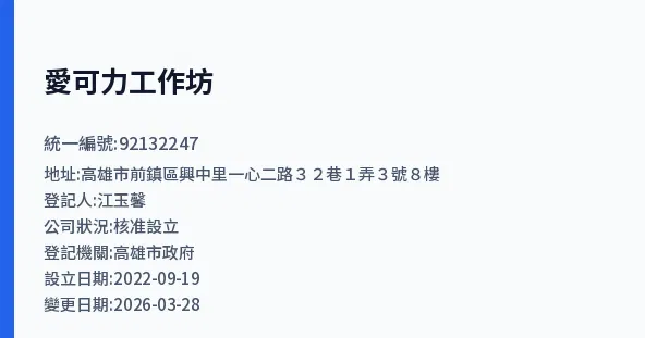 愛可力工作坊的照片-統編 92132247(高雄市) 公司登記資料與營業項目詳細圖表