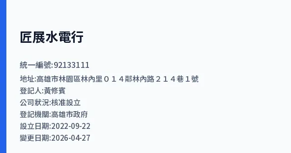 匠展水電行的照片-統編 92133111(高雄市) 公司登記資料與營業項目詳細圖表