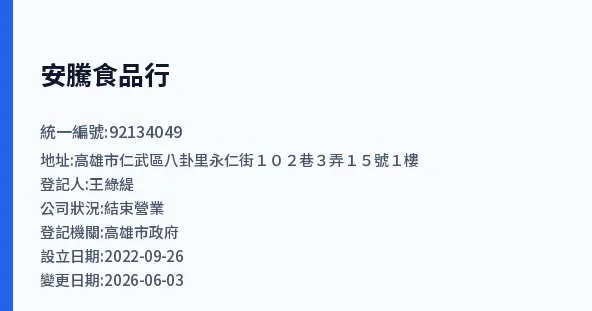 安騰食品行的照片-統編 92134049(高雄市) 公司登記資料與營業項目詳細圖表