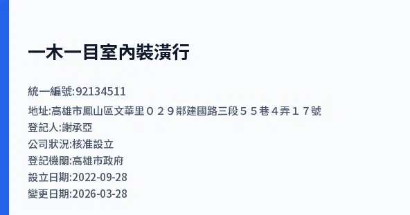 一木一目室內裝潢行的照片-統編 92134511(高雄市) 公司登記資料與營業項目詳細圖表