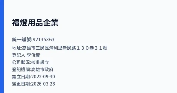 福燈用品企業的照片-統編 92135363(高雄市) 公司登記資料與營業項目詳細圖表