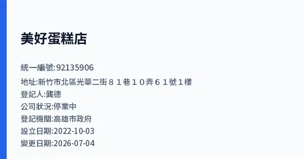 美好蛋糕店的照片-統編 92135906(高雄市) 公司登記資料與營業項目詳細圖表