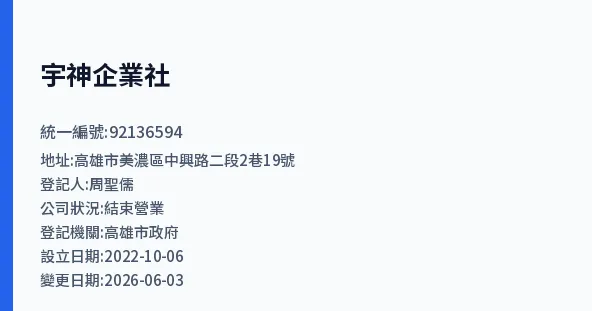 宇神企業社的照片-統編 92136594(高雄市) 公司登記資料與營業項目詳細圖表