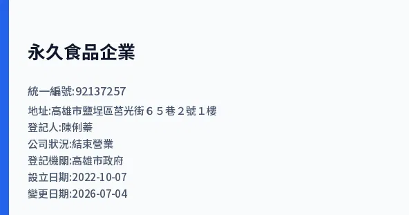 永久食品企業的照片-統編 92137257(高雄市) 公司登記資料與營業項目詳細圖表