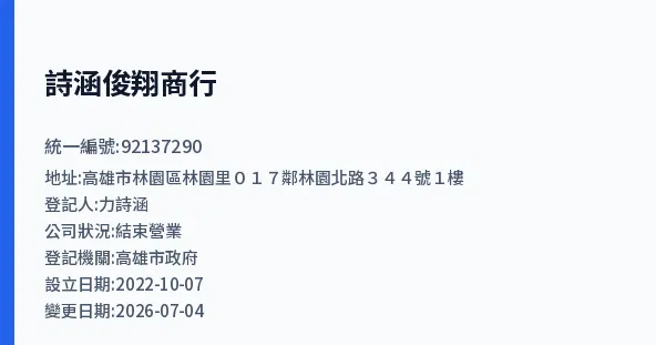 詩涵俊翔商行的照片-統編 92137290(高雄市) 公司登記資料與營業項目詳細圖表