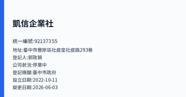 凱信企業社的照片-統編 92137355(臺中市) 公司登記資料與營業項目詳細圖表