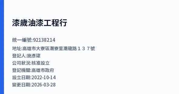 漆歲油漆工程行的照片-統編 92138214(高雄市) 公司登記資料與營業項目詳細圖表