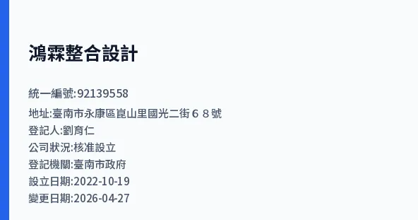 鴻霖整合設計的照片-統編 92139558(臺南市) 公司登記資料與營業項目詳細圖表