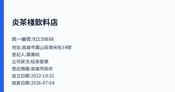 炎茶棧飲料店的照片-統編 92139868(高雄市) 公司登記資料與營業項目詳細圖表