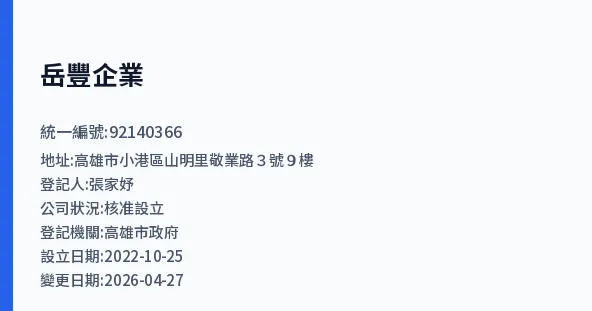 岳豐企業的照片-統編 92140366(高雄市) 公司登記資料與營業項目詳細圖表