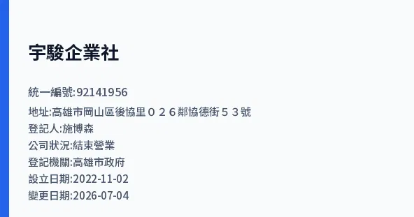 宇駿企業社的照片-統編 92141956(高雄市) 公司登記資料與營業項目詳細圖表