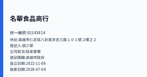 名華食品商行的照片-統編 92143814(高雄市) 公司登記資料與營業項目詳細圖表