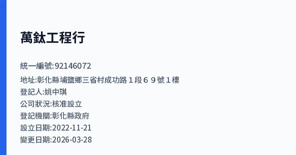 萬鈦工程行的照片-統編 92146072(彰化縣) 公司登記資料與營業項目詳細圖表