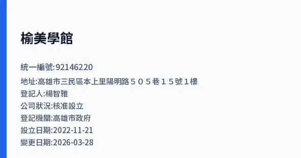 榆美學館的照片-統編 92146220(高雄市) 公司登記資料與營業項目詳細圖表