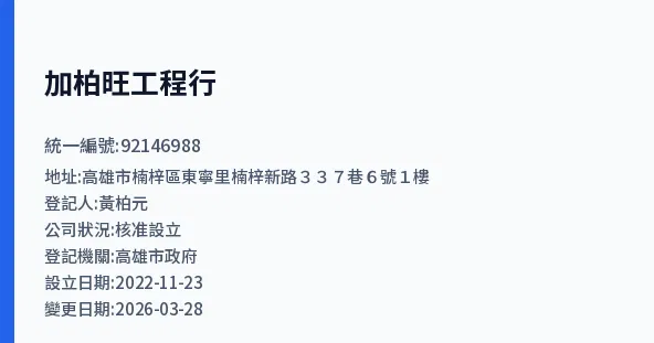 加柏旺工程行的照片-統編 92146988(高雄市) 公司登記資料與營業項目詳細圖表