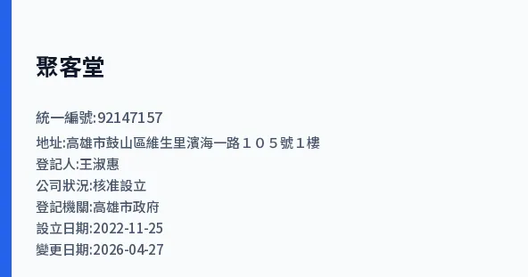聚客堂的照片-統編 92147157(高雄市) 公司登記資料與營業項目詳細圖表