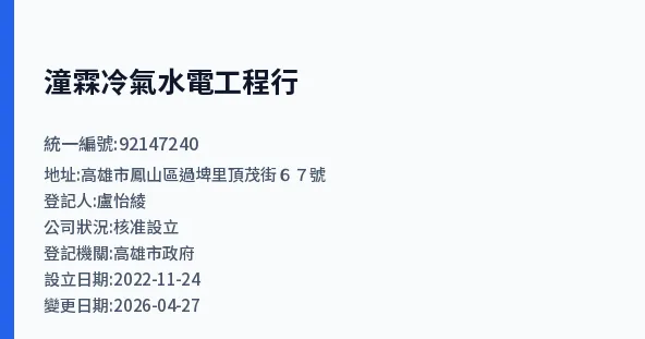潼霖冷氣水電工程行的照片-統編 92147240(高雄市) 公司登記資料與營業項目詳細圖表