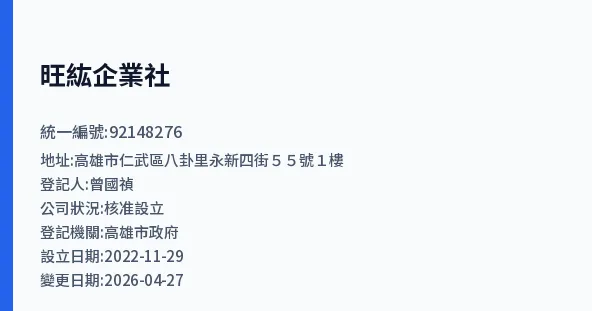 旺紘企業社的照片-統編 92148276(高雄市) 公司登記資料與營業項目詳細圖表