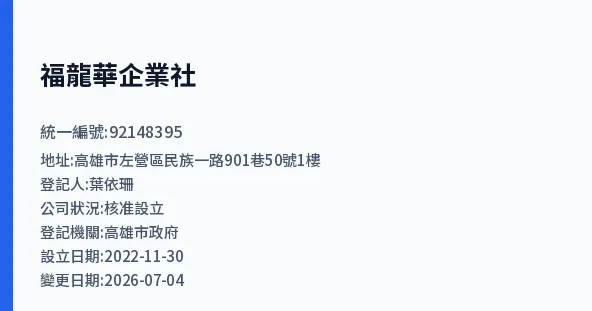 福龍華企業社的照片-統編 92148395(高雄市) 公司登記資料與營業項目詳細圖表