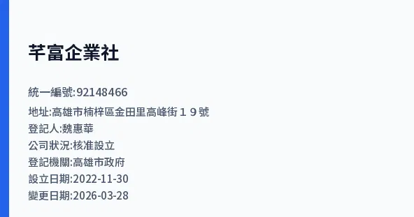 芊富企業社的照片-統編 92148466(高雄市) 公司登記資料與營業項目詳細圖表