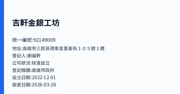 吉軒金銀工坊的照片-統編 92149009(高雄市) 公司登記資料與營業項目詳細圖表