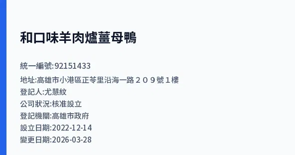 和口味羊肉爐薑母鴨的照片-統編 92151433(高雄市) 公司登記資料與營業項目詳細圖表