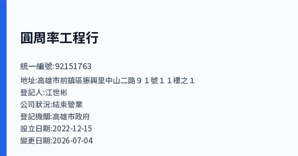 圓周率工程行的照片-統編 92151763(高雄市) 公司登記資料與營業項目詳細圖表