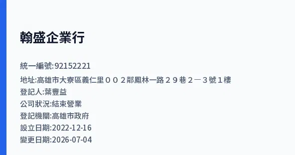 翰盛企業行的照片-統編 92152221(高雄市) 公司登記資料與營業項目詳細圖表
