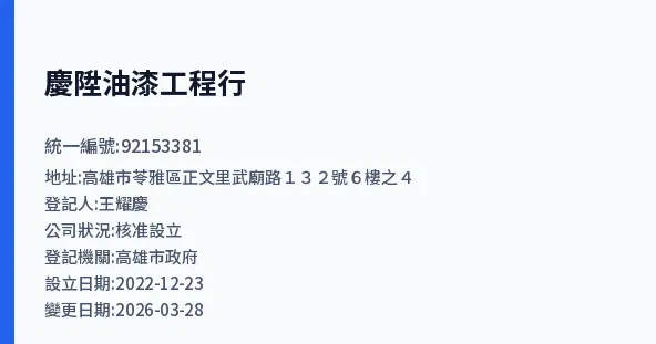 慶陞油漆工程行的照片-統編 92153381(高雄市) 公司登記資料與營業項目詳細圖表