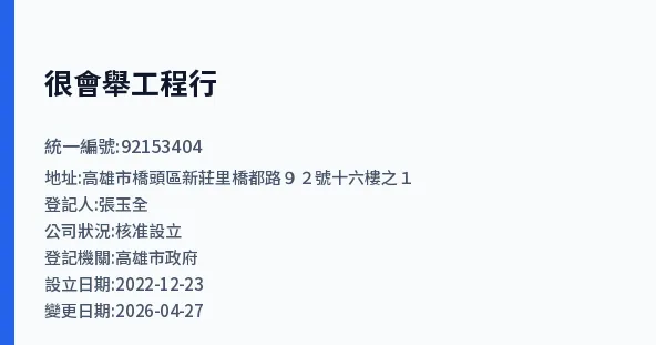很會舉工程行的照片-統編 92153404(高雄市) 公司登記資料與營業項目詳細圖表