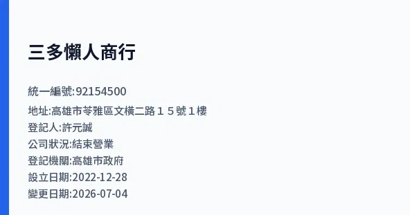 三多懶人商行的照片-統編 92154500(高雄市) 公司登記資料與營業項目詳細圖表