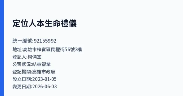 定位人本生命禮儀的照片-統編 92155992(高雄市) 公司登記資料與營業項目詳細圖表