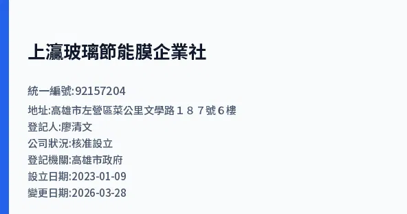 上灜玻璃節能膜企業社的照片-統編 92157204(高雄市) 公司登記資料與營業項目詳細圖表