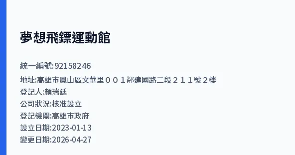 夢想飛鏢運動館的照片-統編 92158246(高雄市) 公司登記資料與營業項目詳細圖表