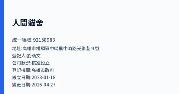 人間貓舍的照片-統編 92158983(高雄市) 公司登記資料與營業項目詳細圖表