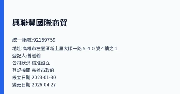 興聯豐國際商貿的照片-統編 92159759(高雄市) 公司登記資料與營業項目詳細圖表
