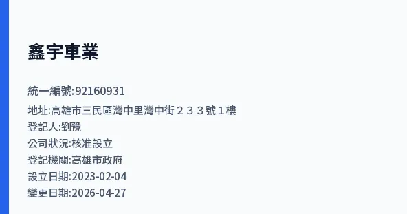 鑫宇車業的照片-統編 92160931(高雄市) 公司登記資料與營業項目詳細圖表