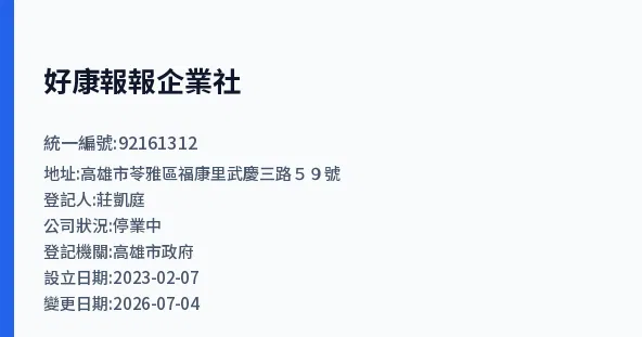 好康報報企業社的照片-統編 92161312(高雄市) 公司登記資料與營業項目詳細圖表