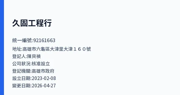 久固工程行的照片-統編 92161663(高雄市) 公司登記資料與營業項目詳細圖表