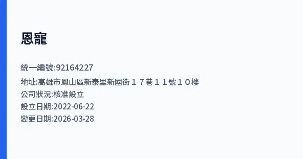 恩寵的照片-統編 92164227(高雄市) 公司登記資料與營業項目詳細圖表