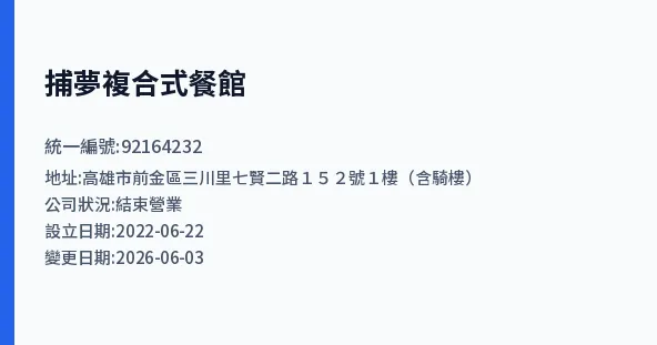 捕夢複合式餐館的照片-統編 92164232(高雄市) 公司登記資料與營業項目詳細圖表