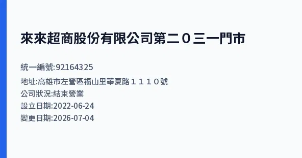 來來超商股份有限公司第二0三一門市的照片-統編 92164325(高雄市) 公司登記資料與營業項目詳細圖表