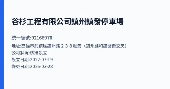 谷杉工程有限公司鎮州鎮發停車場的照片-統編 92166978(高雄市) 公司登記資料與營業項目詳細圖表